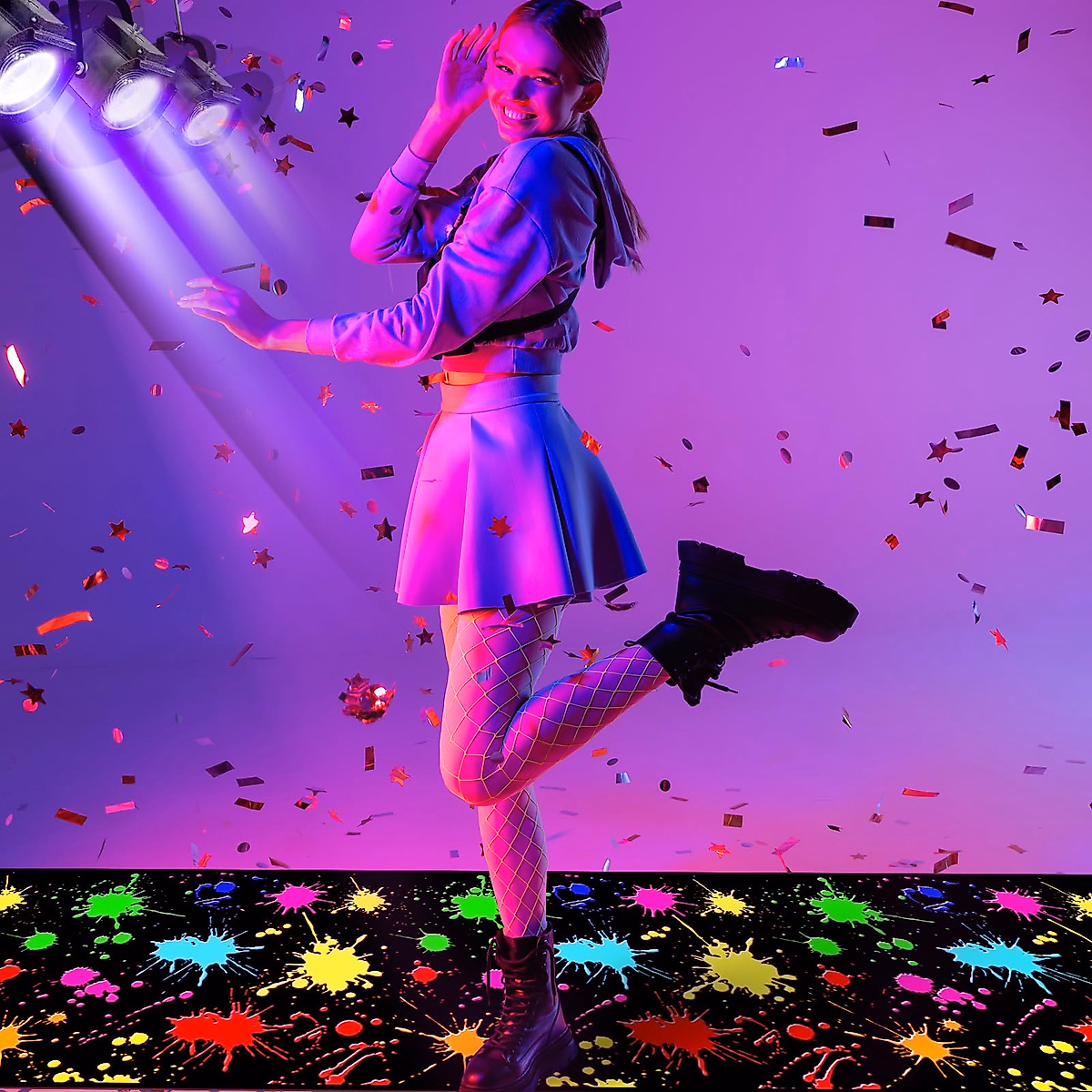Haull 118 x 39 Inch Neon Light up Dance Floor Neon Party Decorations Blacklight Rug Glow in The Dark UV Reactive Fluorescent for Christmas Halloween Birthday Wedding Party Favors (Paint Splatter)