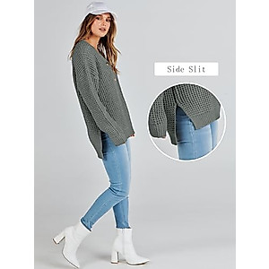 ANRABESS Womens Oversized Sweater Long Sleeve Loose V Neck Button Jumper Casual Waffle Side Slit Knit Pullover 2024 Clothes X-Large Gray Green