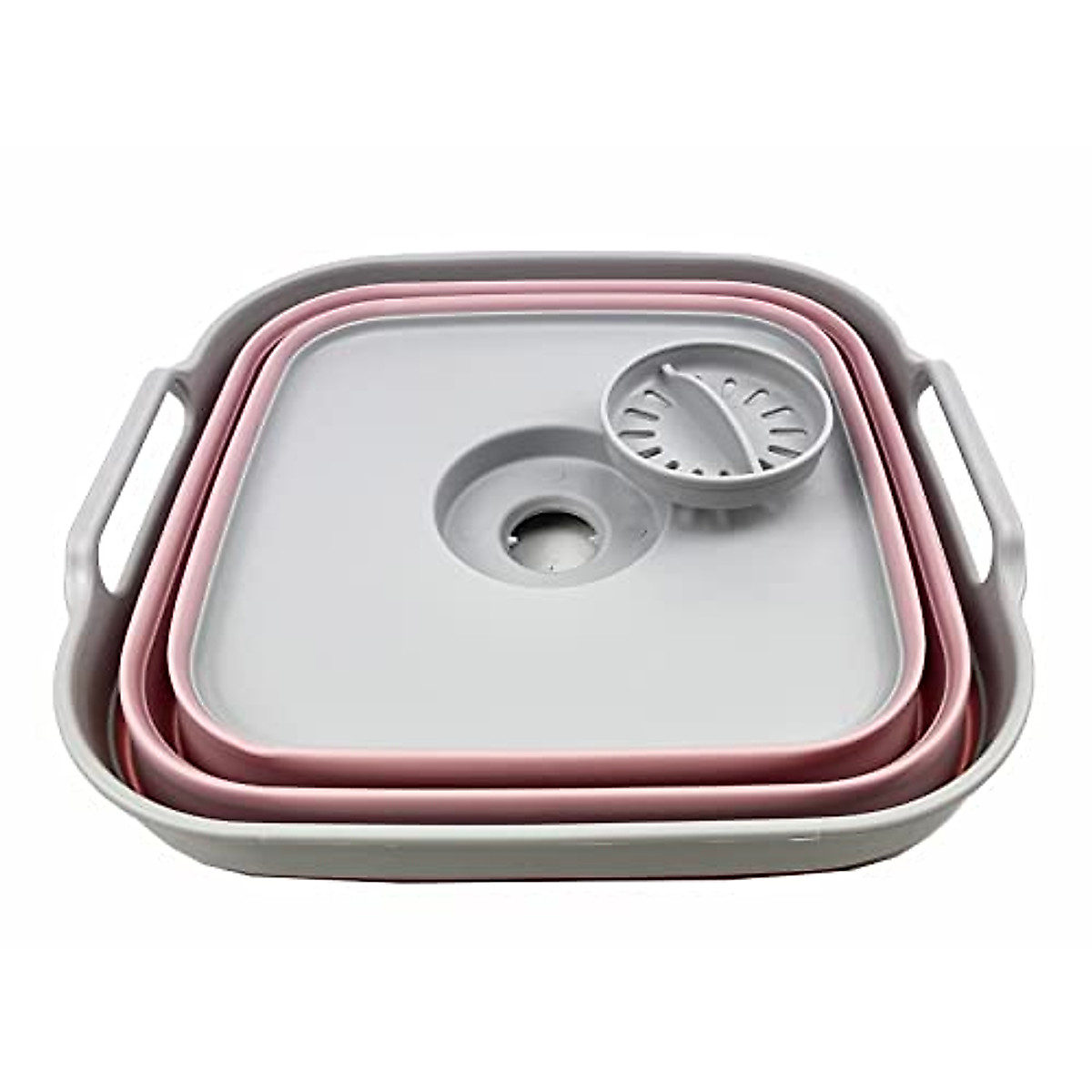 SAMMART 10L (2.64 Gallon) Collapsible Dishpan with Draining Plug - Foldable Washing Basin - Portable Dish Washing Tub - Space Saving Kitchen Storage Tray (Grey/Pale Pink)