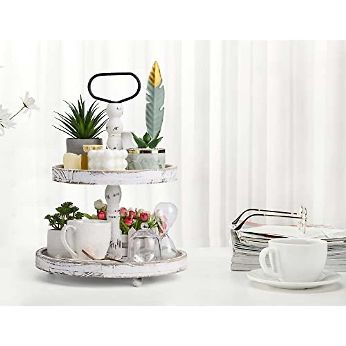 Farmhouse Wooden Decorative Two Tiered Trays+ Pu Leather Tray,Wood 2 Tier Serving Tray Stand for Rustic Table Centerpiece,Kitchen Decor,Coffee Bar, or Cupcake Stand (White)