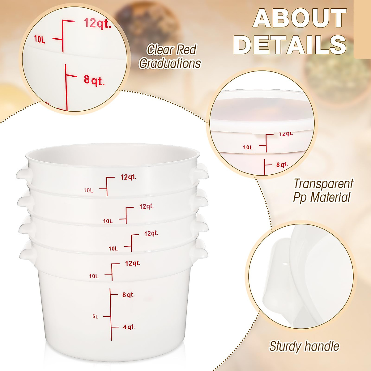 Hushee 4 Pcs Commercial Food Storage Containers Round PP Food Storage Containers with Lids for Pantry Translucent Plastic Tubs with Lids for Storage Food Safe Bucket with Scales and Handles (10 Quart)