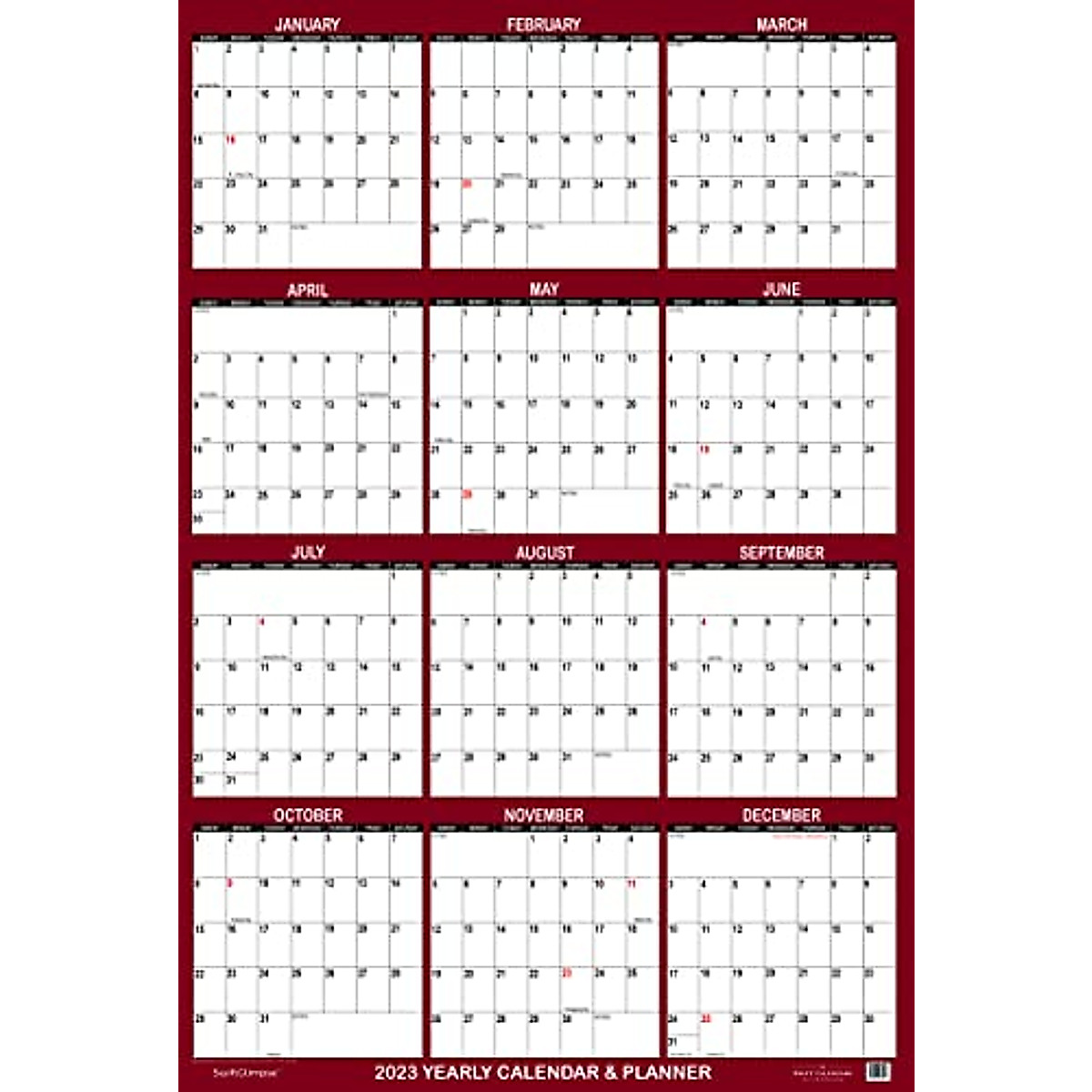 32" x 48" SwiftGlimpse 2023 Wall Calendar Erasable Jumbo XL Wet & Dry Erase Laminated 12 Month Annual Yearly Wall Planner, Reversible, Horizontal/Vertical, Maroon