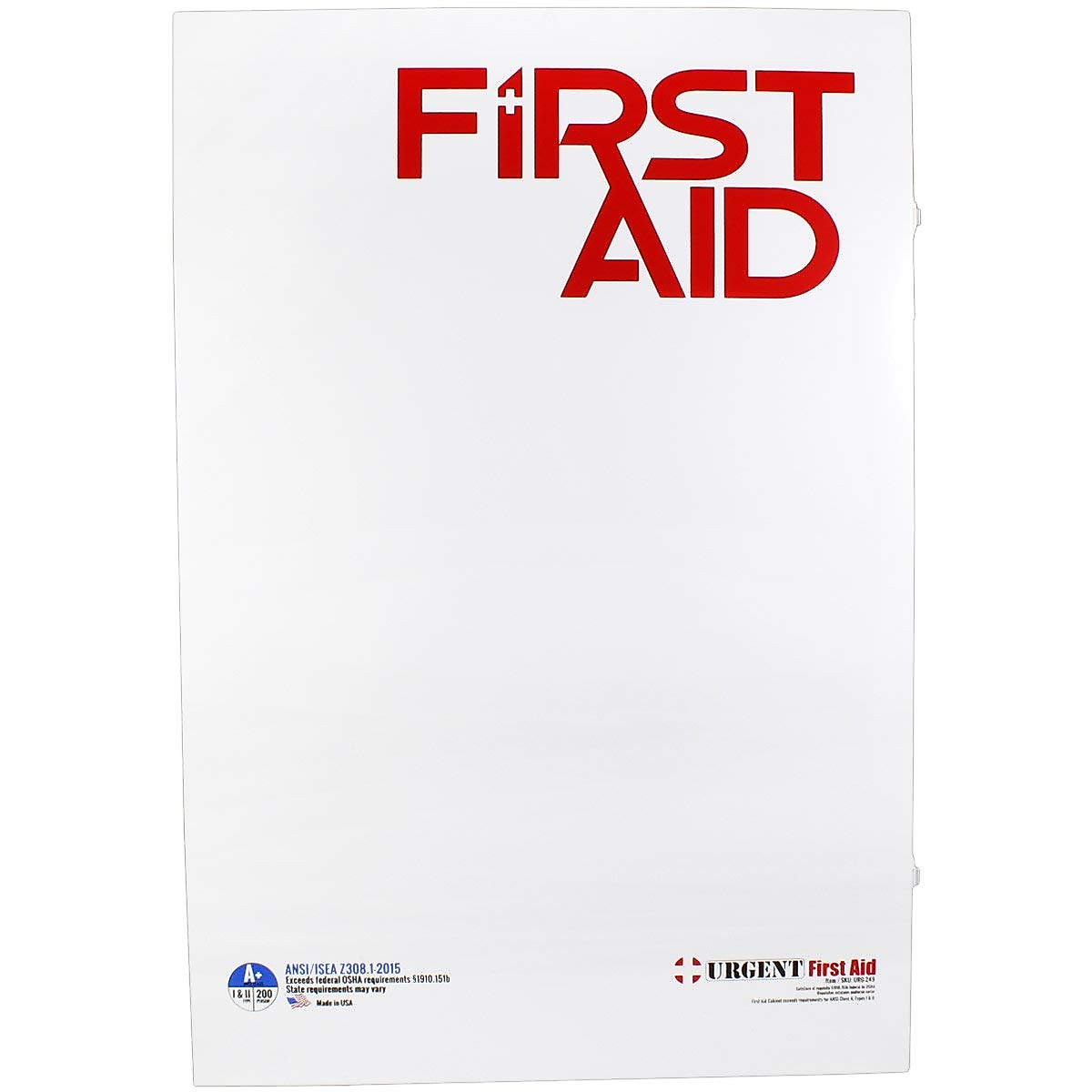 OSHA & ANSI 5 Shelf Industrial First Aid Cabinet with Pocket Liner, 200 Person, 1890 Pieces, 2015 Class A+, Types I & II, Made in USA by Urgent First Aid™ with extra content & NEW ANSI First Aid Guide