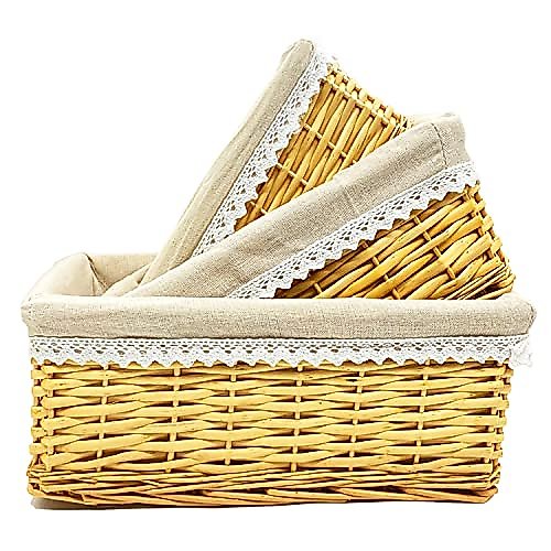 Handmade Wicker Storage Baskets Set, Shelf Baskets Woven Decorative Storage Bins Baskets Organizing Baskets, Nesting Baskets with Linings for Home (Natural)