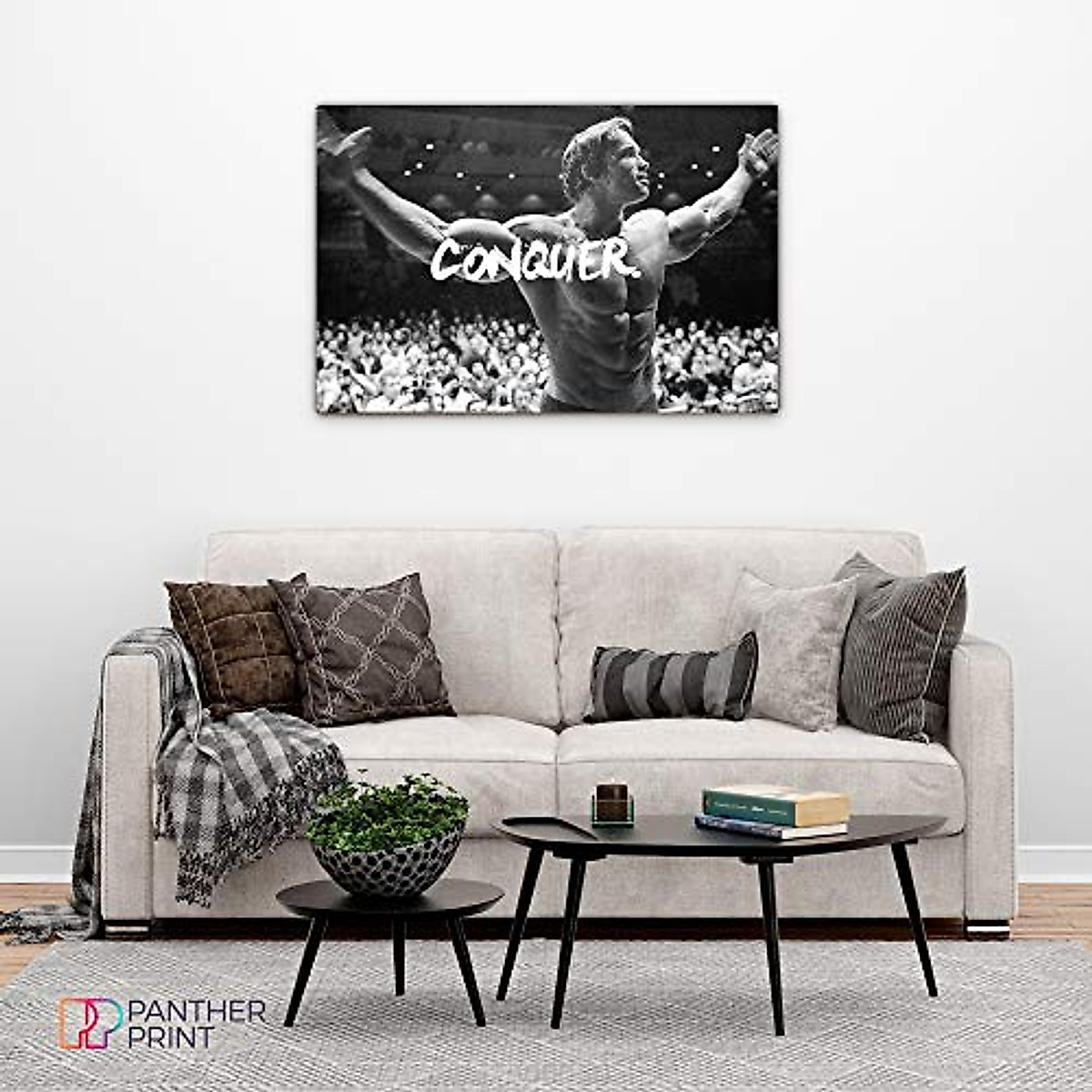 Panther Print, Large Canvas Wall Art, Beautiful Living Room Framed Art, Quality Picture Prints for Walls, Motivational Design, Arnold Schwarzenegger Conquer, Print for Special Occasions (76x51cm)