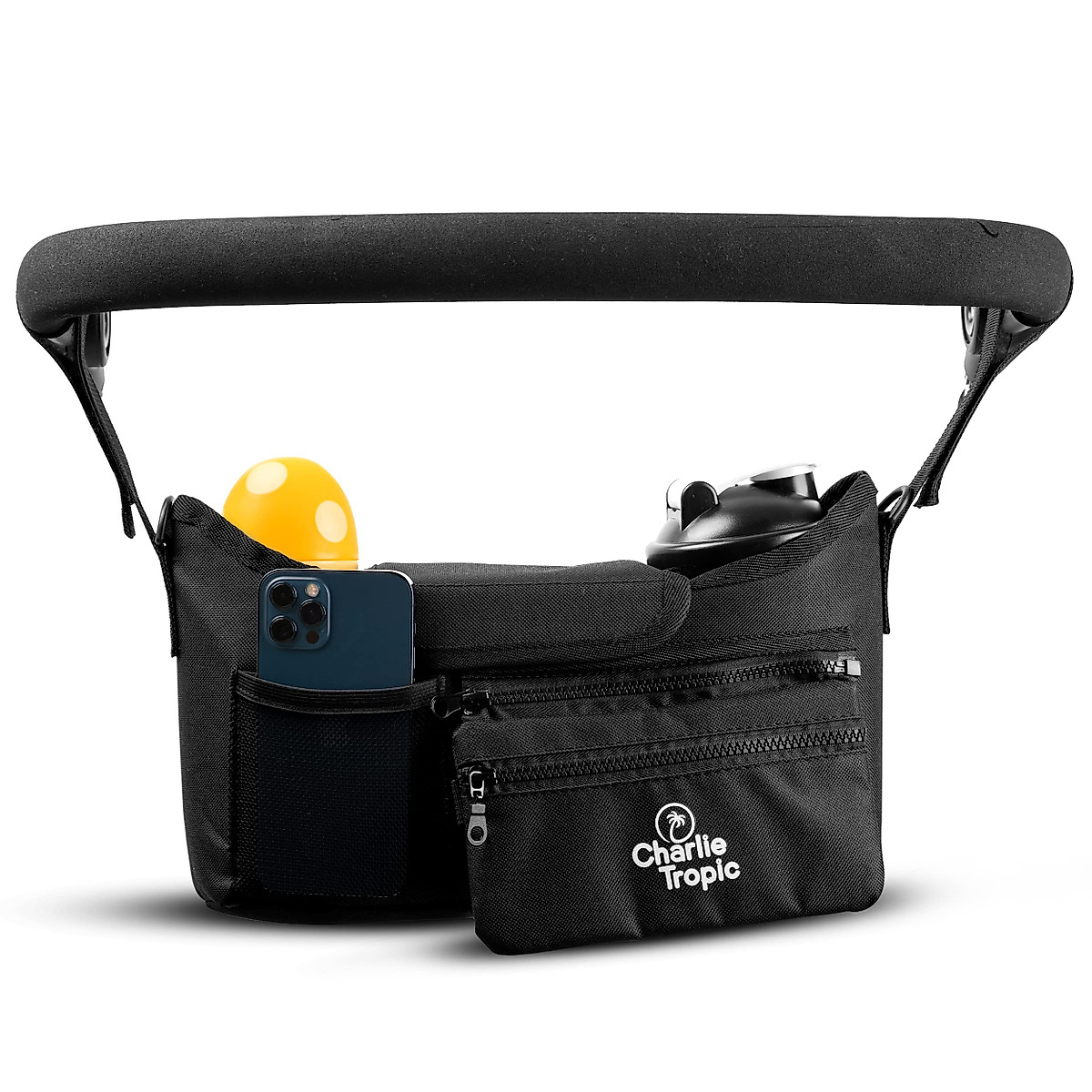 Charlie Tropic Universal Stroller Organizer with Cup Holder - Adjustable Stroller Bag Organizer with 2 Insulated Cup Holders and Detachable Wristlet Pocket for Stroller Accessories,Fits Most Strollers