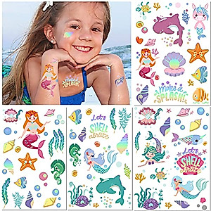 Mermaid Temporary Tattoo for Kids Under the Sea-76 Glitter Style Cute Fake Tattoo Dolphin Ocean Animals Waterproof for Girls Boys Body Face Tattoos Stickers Beach Art Birthday Party Favors Decorations