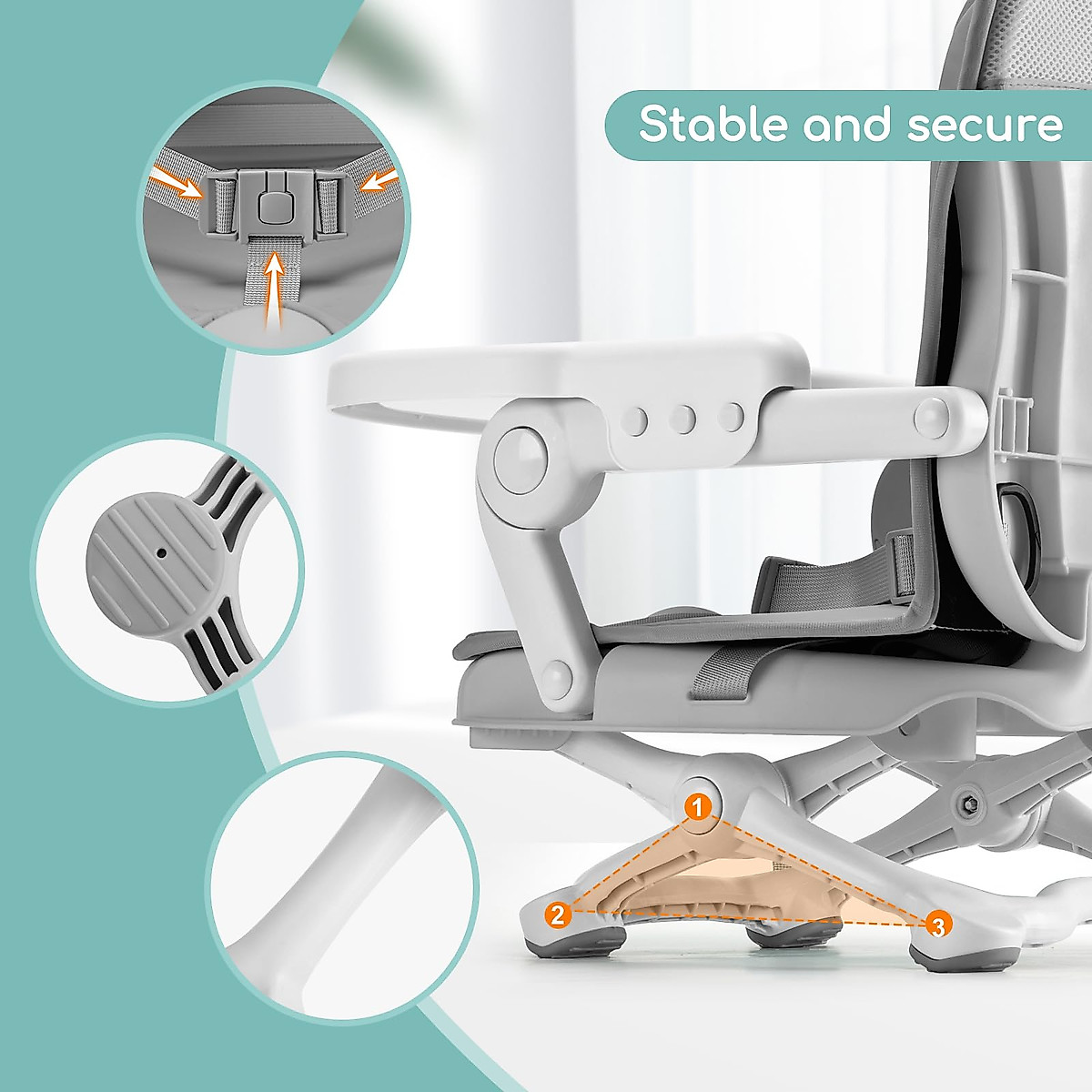 Uuoeebb Portable High Chair for Babies and Toddlers, Booster Seat for Table, Adjustable Height Travel Booster Seat with Tray, Toddler Folding Chair for Travel, Baby Feeding Eating Chair