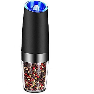 Gravity Electric Salt and Pepper Grinder Set, Automatic Pepper and Salt Mill Grinder,Battery-Operated with Adjustable Coarseness, Premium Stainless Steel with LED Light, (BLACK 1-PACK)