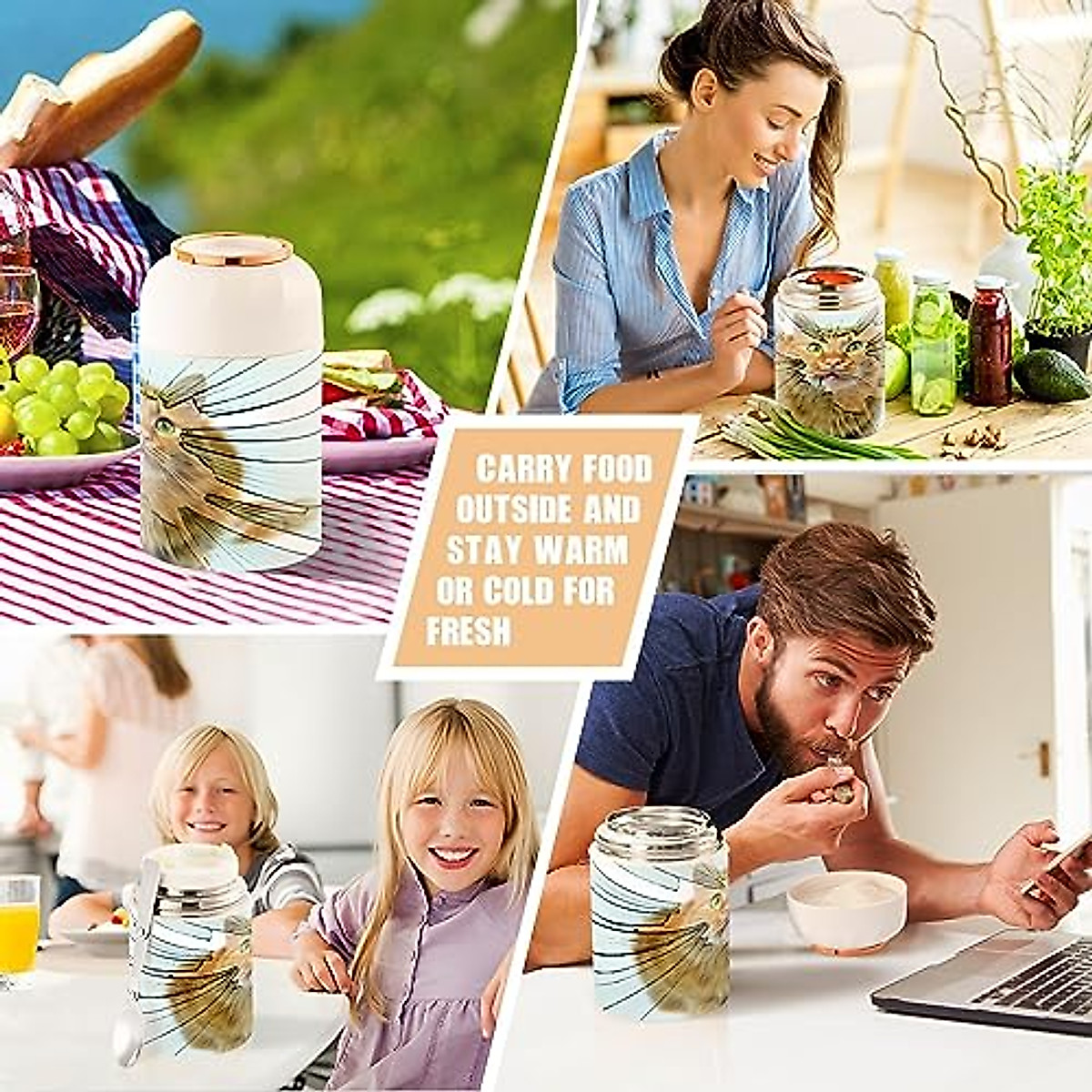 CUPADA Ginger Cat Lovely Food Jar, Broken Glass Design Insulated Hot Food Jars Vacuum 17OZ with Folding Spoon for Work Trip Picnic Camping