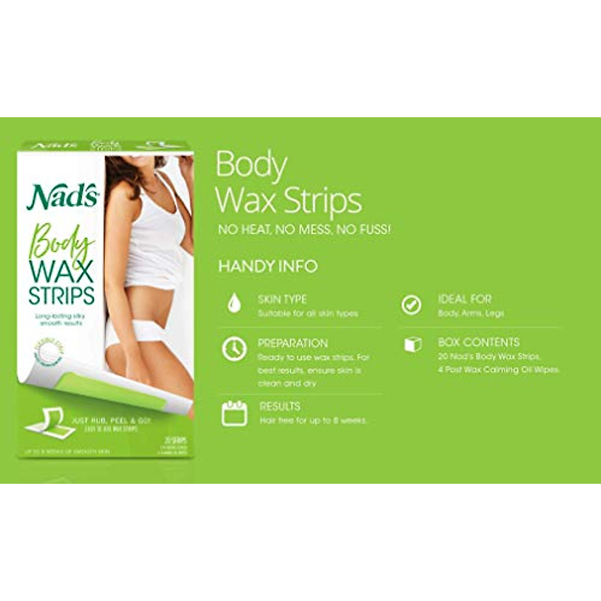 Nad's Body Wax Strips Hair Removal For Women All Skin Types, 20 Waxing Strips + 4 Calming Oil Wipes