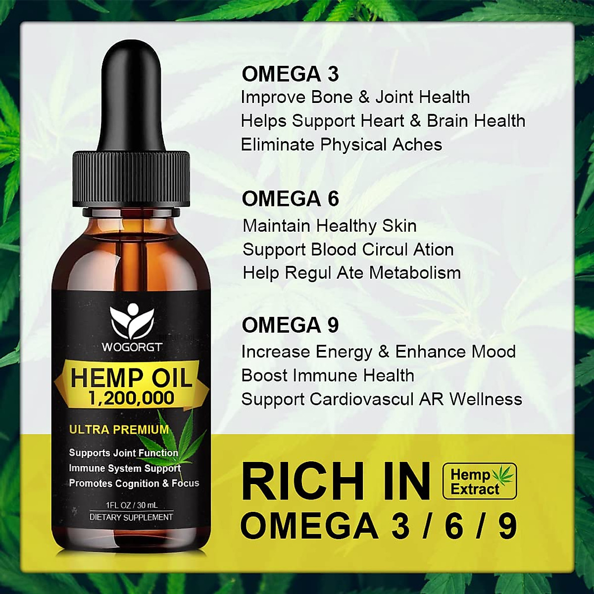 (3 Pack) Organic Hemp Oil - 100% Natural Hemp Oil Extract, Relaxation, Immune Support, Rich in Omega 3, 6, 9 Fatty Acids, Vegan - 30mL