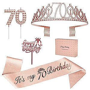 70th Birthday Decorations for Women, 70th Birthday Sash,Tiara, 70th Candles and Happy Birthday Cake Toppers, Rose Gold 70th Birthday Gifts Set