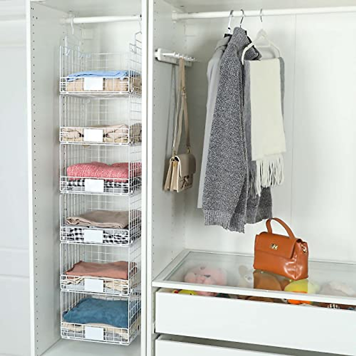 Jautokerdar 6 Tiers Hanging Closet Shelves Organizer with Name Plate S Hooks, Wall Mount&Cabinet Wire Storage Basket Bins, for Clothing Sweaters Shoes Handbags Clutches Accessories