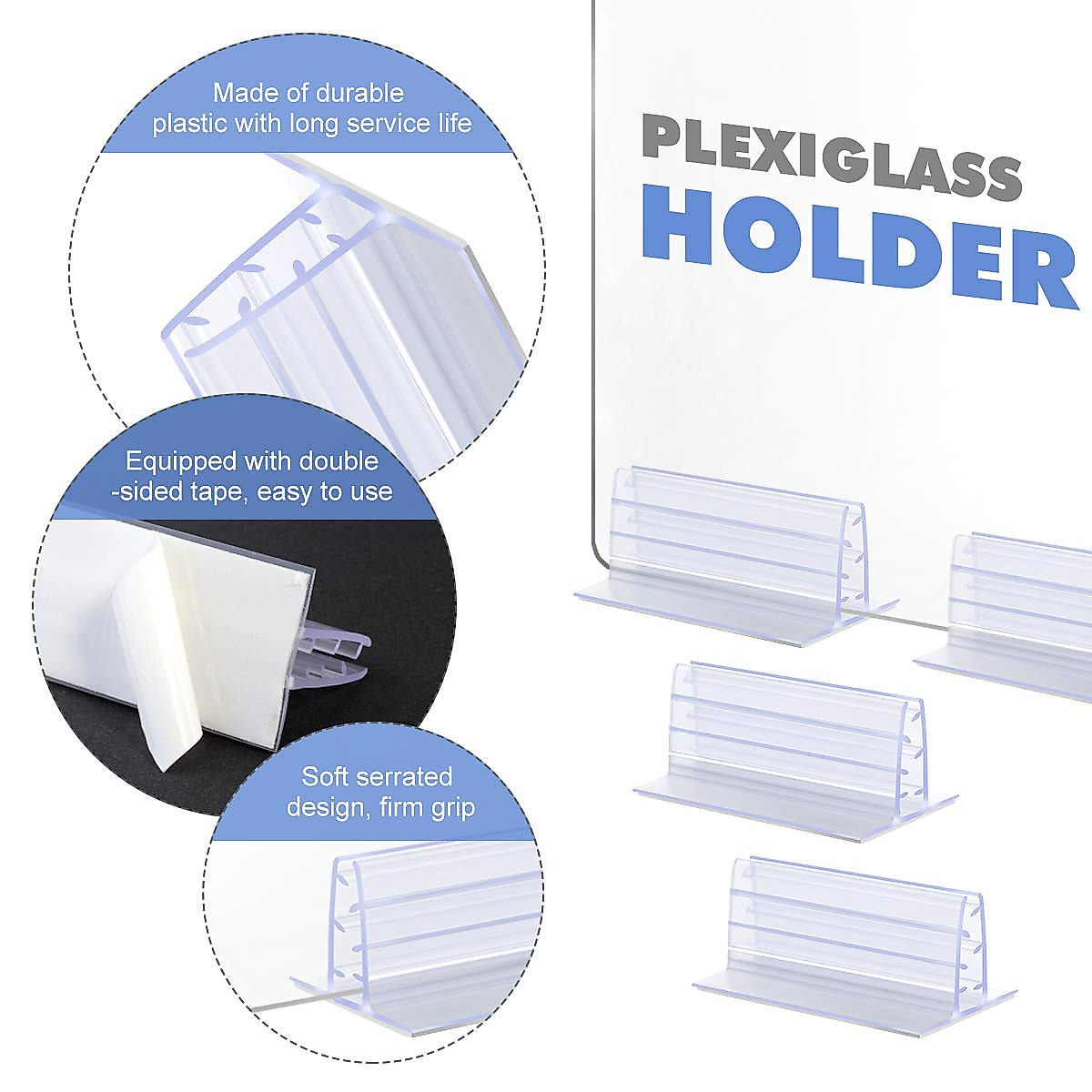 Lenink 10Pcs Adhesive Sneeze Guard Holder, Self Adhesive Plexiglass Holder Stand with 5Pcs Label Clips for 3/16" to 1/4" Thick Fasten Acrylic Panels Plexiglass Sheets