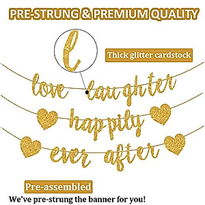 15Pcs Love Laughter and Happily Ever After Banner Gold- Wedding Shower Decorations, Bridal Shower Decorations, Bachelorette, Bridal & Engagement Party Decorations (Pre-Strung Signs)