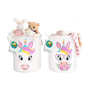 KAZULO Unicorn Hamper Set, Large Round Unicorn Laundry Baskets, kids Hampers laundry Girls, Girls Storage Box Unicorn, Child Laundry Set, Kids Basket (Watermelon Unicorn Bundle)