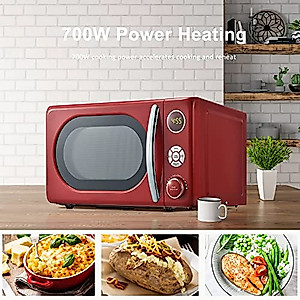 Retro red microwave oven with child safety lock, LED display, chrome handle design, environmental protection mode, 0.7 cubic feet capacity (Red)