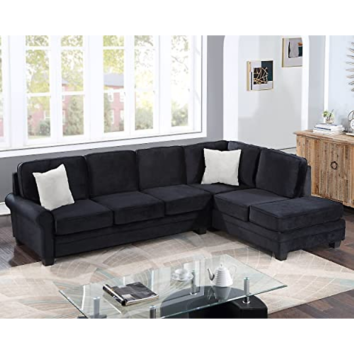 OMNIOF Modern Velvety Upholstered Sofa Couch with Scrolled Arm for Surviving Room Space, Reversible Sectioned Sofa (Color : Preto)