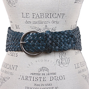 beltiscool Women's 3 1/4" Wide Tapered Braided Woven High Waist Leather Belt, Navy Blue | L/XL - 40"