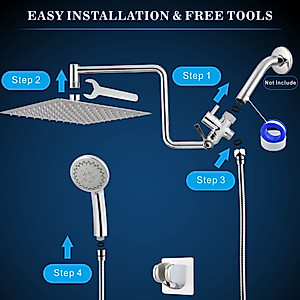 Nuodan Dual Shower Head, 10'' High Pressure Rain Shower Head / 5 Spray Handheld Showerhead Combo with 14'' Adjustable Shower Extension Arm, Hose and Adhesive Shower Holder (Chrome)