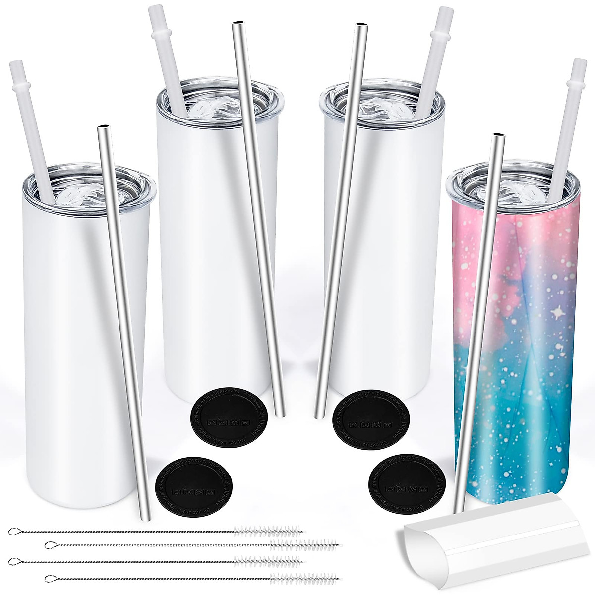 Sublimation Tumblers Bulk 20 oz Stainless Steel Tumblers Blanks Kit with Lid and Straw, 4 Pack Straight Skinny Insulated Tumblers with Sublimation Shrink-Wrap for DIY-Gifts