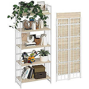 4NM No-Assembly 5 Tiers Folding Bookshelf Storage Shelves Vintage Bookcase Standing Racks Study Organizer Home Office - Natural and White