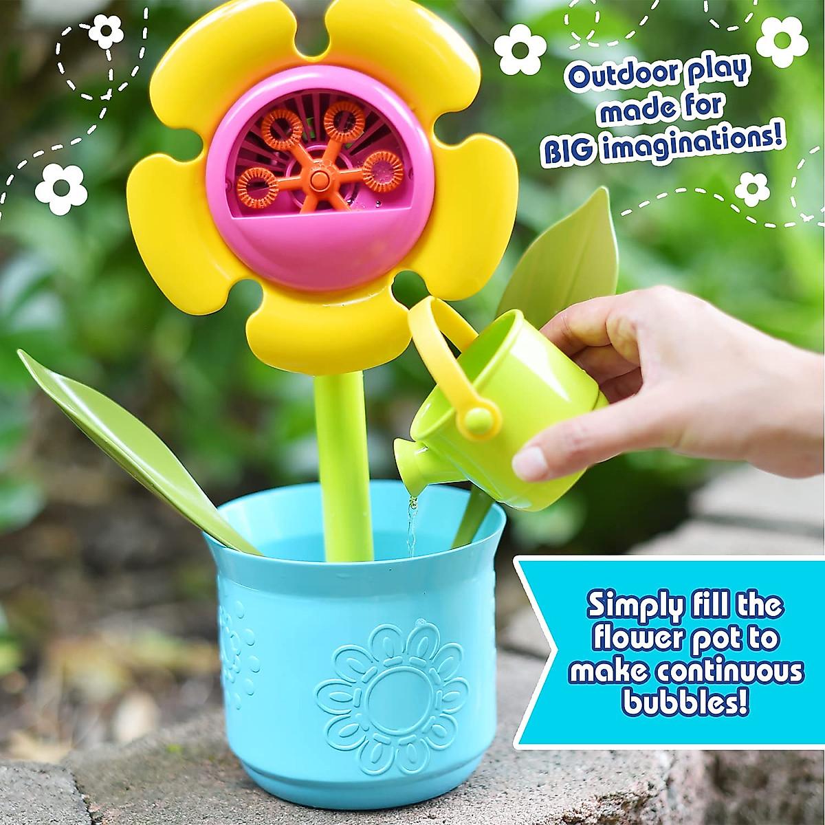 Maxx Bubbles 14" Flower Pot Includes 4oz Bubble Solution, 4 Wands and Watering Can, Botanical Collection, Outdoor Bubble Machine Maker, Great Gift and Decoration for Birthday, Bridal and Shower