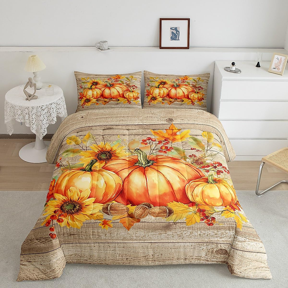 Happy Thanksgiving Fall Harvest Comforter Set Farm Leaves With Pumpkin Quilt Queen, Rustic Barn Door Bedding Set Autumn Maple Farmhouse Duvet Insert For Kids Boys Girls Teens Adult, Brown Gold