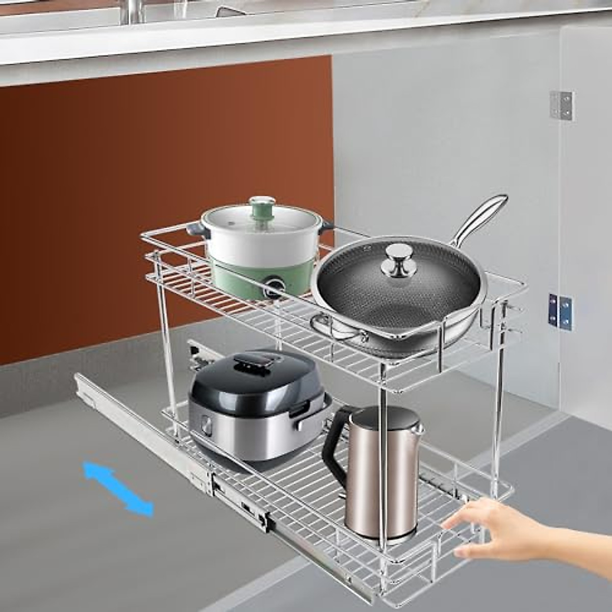 GDAE10 Heavy Duty Cabinet Pull Out Shelves, 2-Tier Pull Out Cabinet Organizer, Silver Slide Out Cabinet Organizer Storage for Home Kitchen