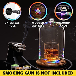 Smoking Gun Accessory LED lights Glass Dome 9" x 5.7" Lid Wooden Base - Glass Smoke infuser Cover Lid for Cocktail Smoker - Dome for Cold Smoke, Smoking Cloche for Drinks
