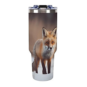 YTLKGFP 40 Oz Large Capacity Car Cup Cute Fox Tumbler with Handle (Black) Straw Lid Insulated Stainless Steel Water Bottle Travel Mug Leak-proof Car Cup Keeps Cold Or Hot