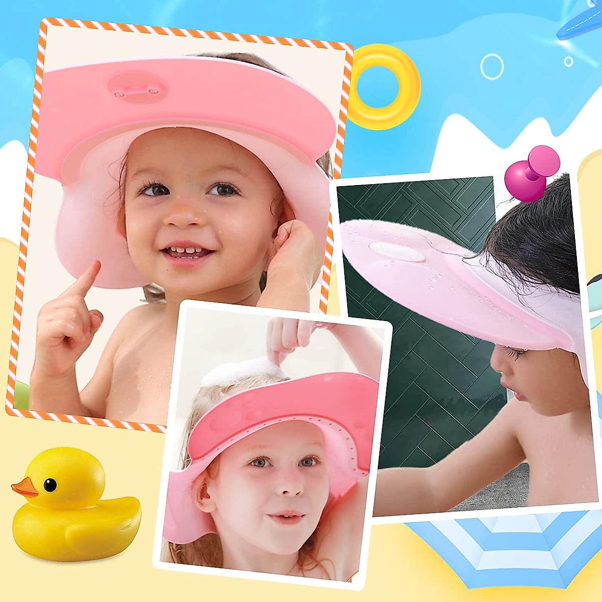 Baby Shower Hat, Adjustable Toddler Hair Washing Visor, Soft Silicone Baby Shampoo Cap for Girls Boys Toddler to Stop Water in Eyes (Duck-Blue)