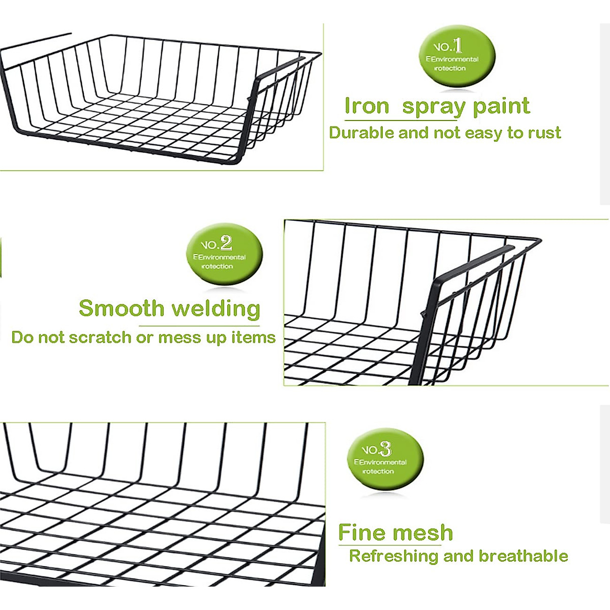 Jibri 2Pcs Under Shelf Storage Basket Black Under Cabinet Shelf Wire Basket Organizer, Under Shelf Storage for Kitchen Pantry Shelf Organizer Desk Bookshelf Cupboard