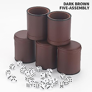 RERIVER 5 Pack PU Leather Dice Cups Velvet Felt-Lined Shaker Cups with 25 Dot Dice for Bar Party Yahtzee Farkle Dice Games, Brown