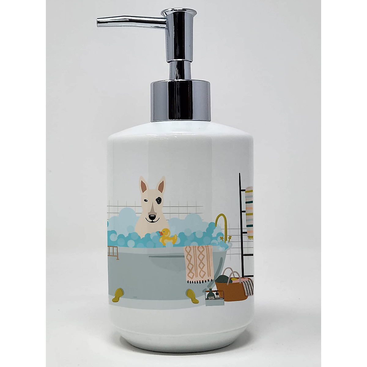 Caroline's Treasures WDK5835SOAP White Bull Terrier in Bathtub Ceramic Soap Dispenser Hand Soap Dispenser Pump Bottles for Bathroom Kitchen, Empty Refillable Liquid Soap Container