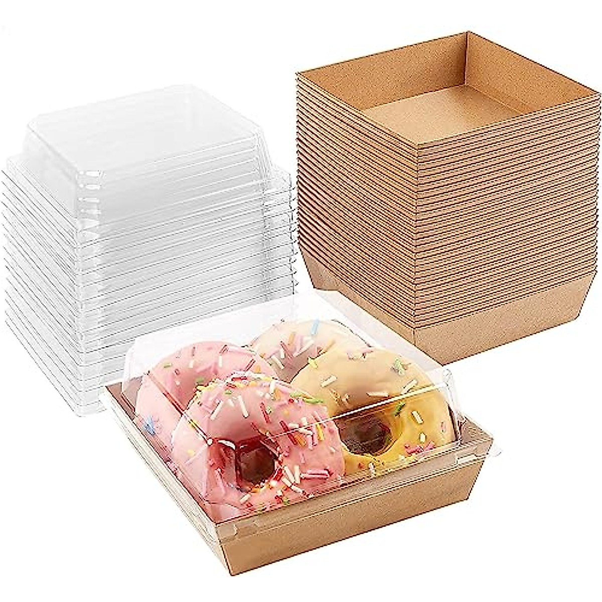 DESUNESS 50 Pack Paper Charcuterie Boxes with Clear Lids, 5" Brown Oil-Proof Paper Dessert Boxes Food Containers for Bakery, Macaron, Sandwich, Cookies, Mini Cakes (Box)