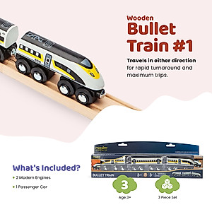 Maxim Enterprise, inc. Wooden Bullet Train, Wooden Train Set of 2 Modern Engines 1 Sleek Passenger Car with Magnetic Connectors, Compatible with Thomas & Friends, BRIO, Other Major Brands