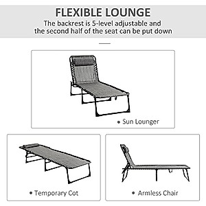 Outsunny Reclining Chaise Lounge Chair, Portable Sun Lounger, Folding Camping Cot, with Adjustable Backrest and Removable Pillow, for Patio, Garden, Beach, Grey