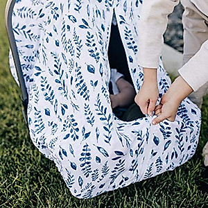Bebe au Lait Classic Muslin Car Seat Cover, Easy Snap Straps, Fully Zippered Opening - Blue Leaves