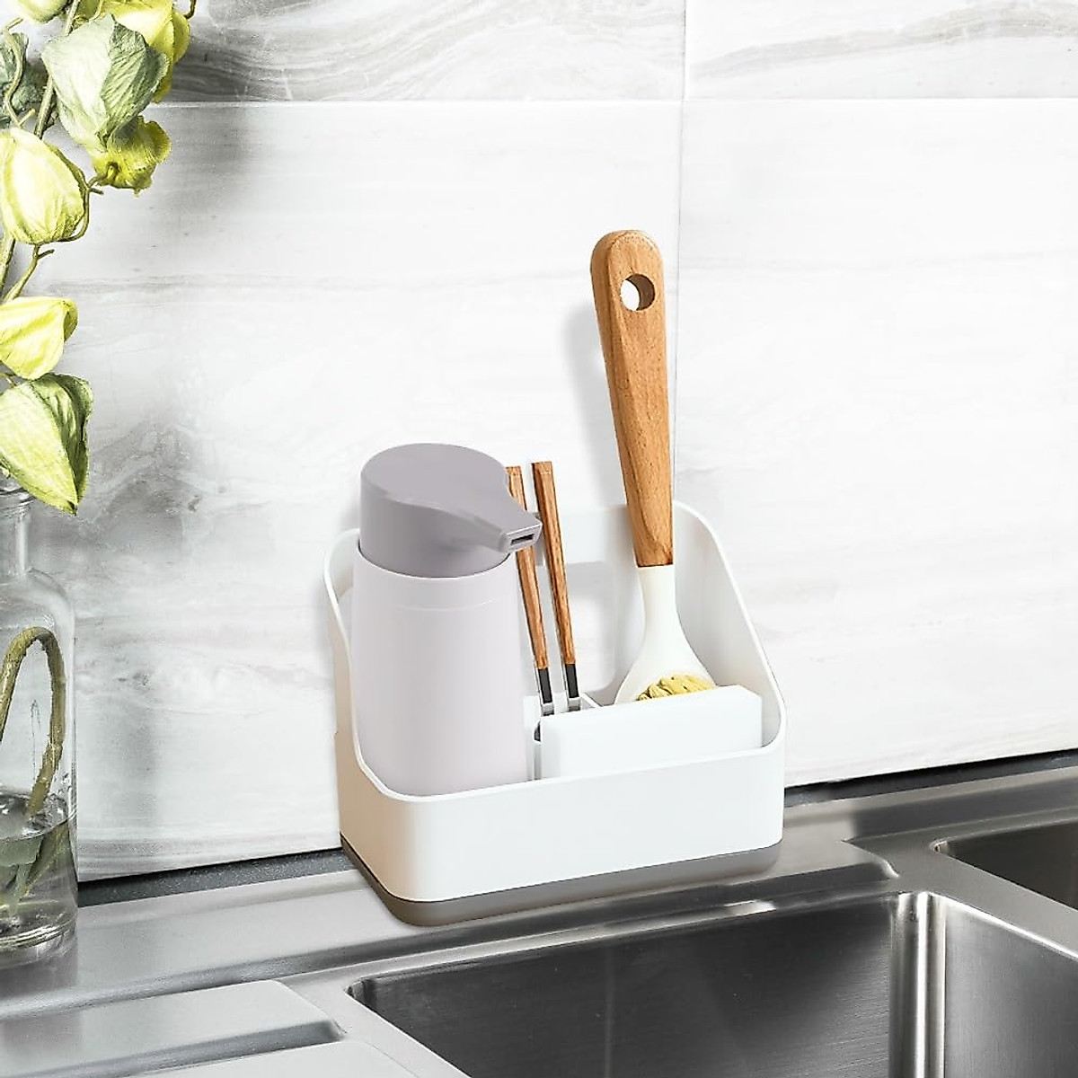 Kitchen Sink Caddy Dish Brush Sponge Holder with Divider and Removable Drain Pan for Brushes Dishcloth Scrubber Accessories, Dishes Caddies Organizer Storage with Drainer Drip Tray for Countertop