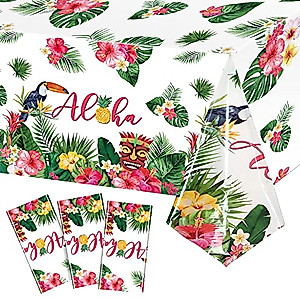 3 Pack Hawaiian Luau Tablecloths, Luau Decoration Aloha Tropical Palm Leaves Table Cloth Hawaii Disposable Plastic Rectangular Table Cover Tiki Party Supplies for Birthday Summer Kid, 54 x 108 Inch