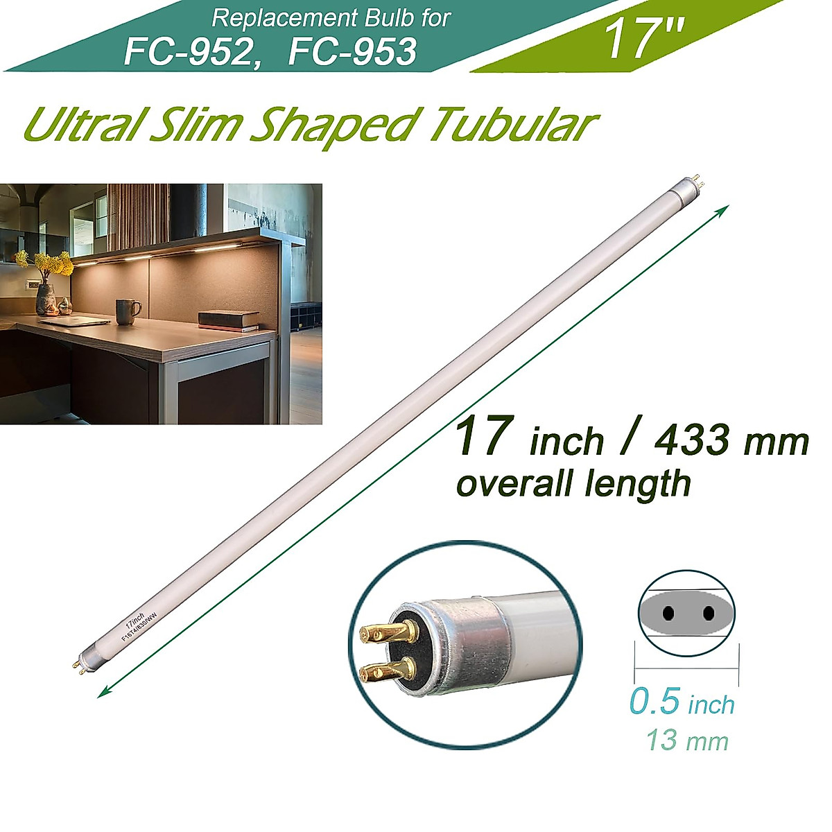 17'' T4 16W Warm White Fluorescent Bulb Replacement Furnlite FC-952 Light,Westek 20125 - FA200WBC,16 Watt 120V Linear 3000K FC-953,G5 Base (3 Pack)