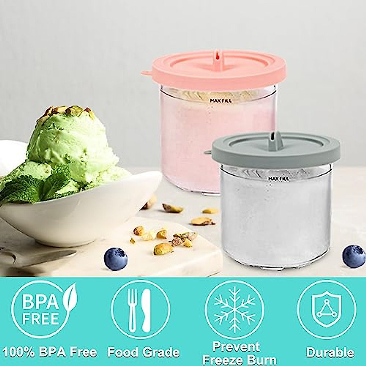 YQL Creami Pint Containers with Silicone Lids Replacement for Ninja Creami Pints and Lids,16oz Cups Compatible with NC301 NC300 NC299AMZ Series Ice Cream Maker,Dishwasher Safe&Leakproof(2 Pack)