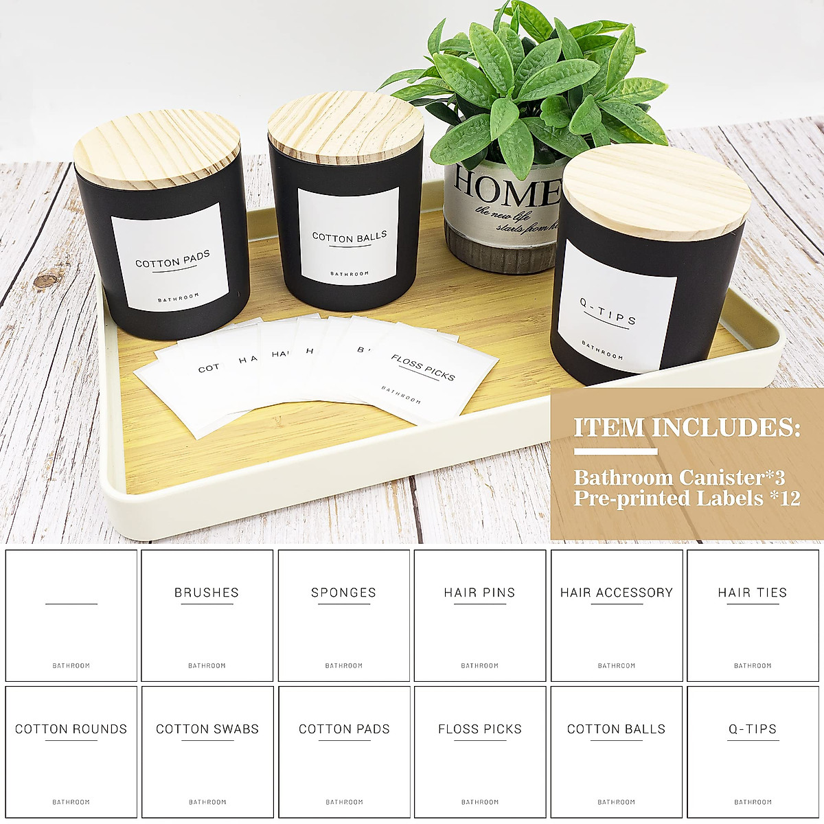 Ezebesta 3PCS Modern 13.53oz Black Bathroom Canisters with 12 Labels & Wooden Lid Thick Glass Jar Set Qtip Holder for Cotton Ball & Pads Storage Organization Minimalist Decor