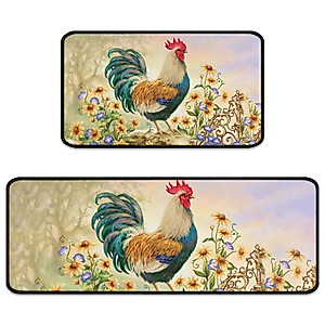 2Pcs Rooster Farmhouse Theme Rugs for Kitchen Floor 2 Pieces Farmhouse Style Kitchen Mats for Kitchen Decor Non Slip Washable Standing Kitchen Runner Mats 17"x30"+17"x47"