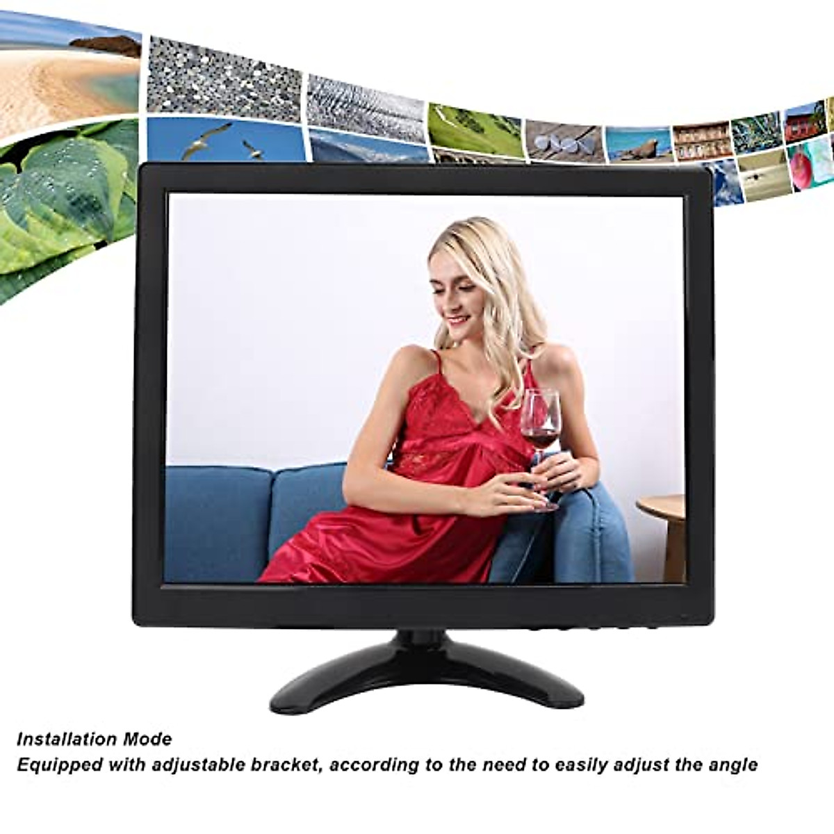 Akozon 12.1in TFT LED, 12.1in TFT LED Monitor with VGA HD Multimedia AV BNC USB DC Input Port Portable HD Color Screen Display with Speaker Remote Control 100‑240V(US Plug)