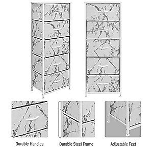 Sorbus Fabric Dresser for Bedroom - Chest of 5 Drawers, Tall Storage Tower, Clothing Organizer, for Closet, for Living Room, Steel Frame, Fabric Bins - Wood Handle (Marble White – White Frame)