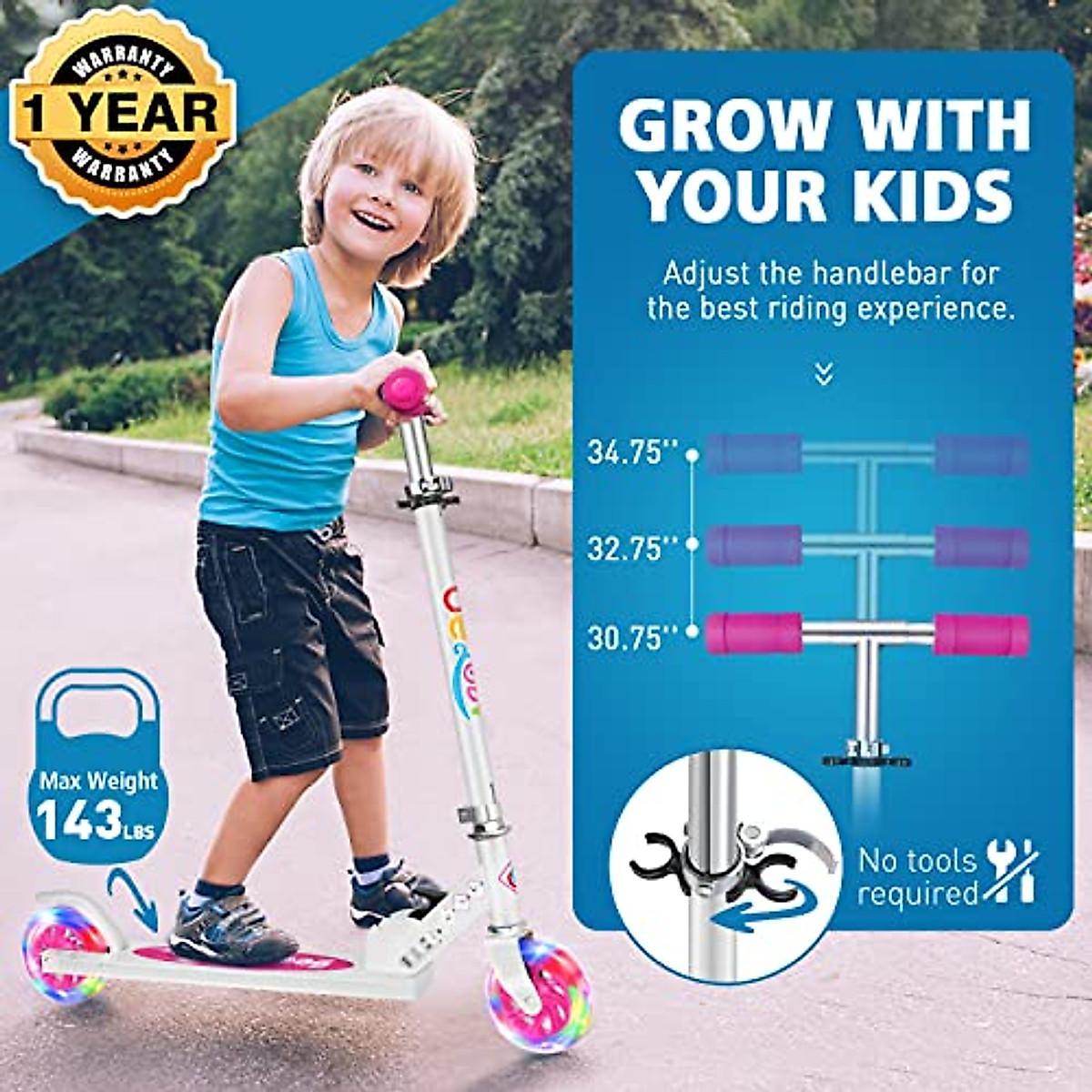 Beleev V1 Scooters for Kids 2 Wheel Folding Kick Scooter for Girls Boys, 3 Adjustable Height, Light Up Wheels, Kickstand for Children 3 to 12 Years Old