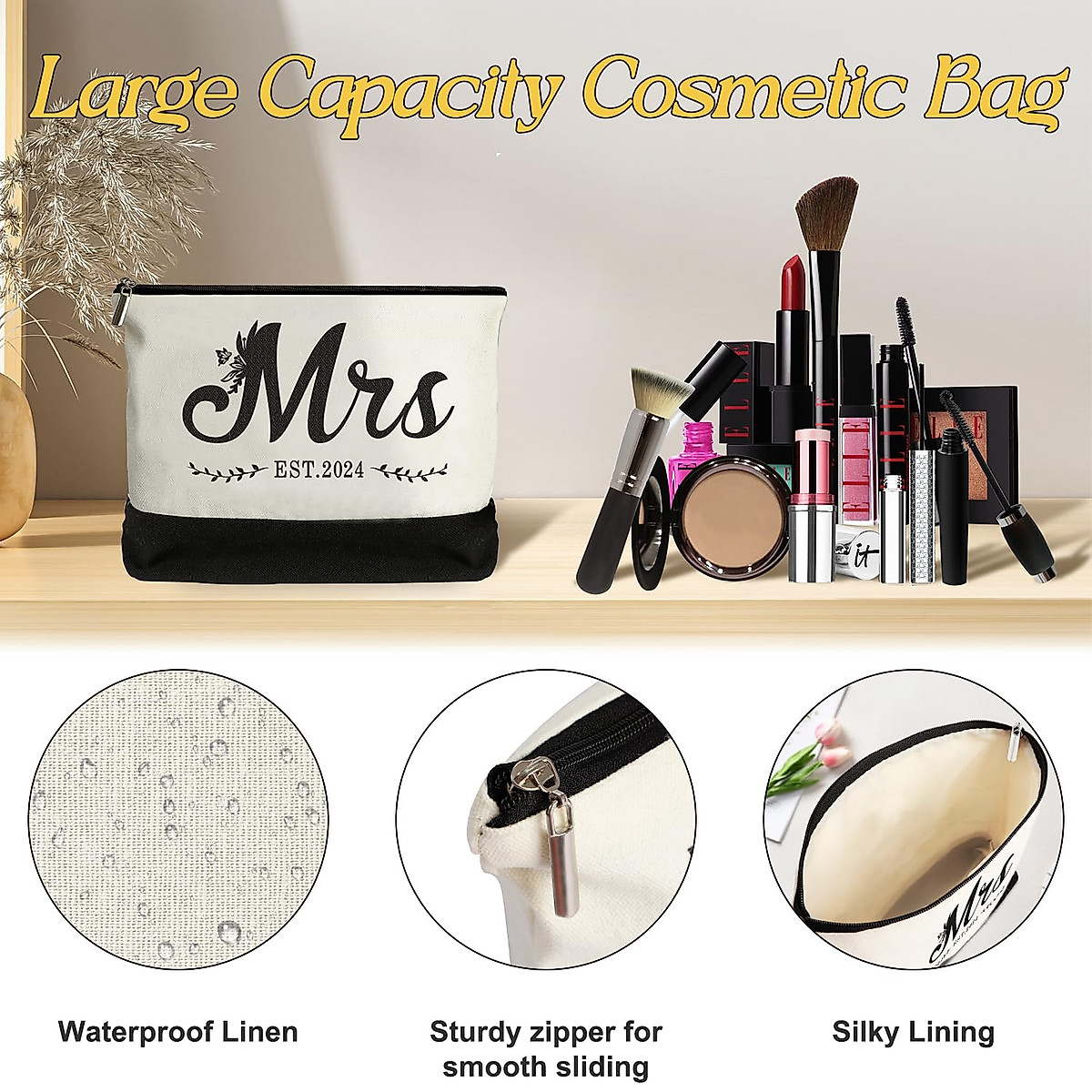 Mrs 2024 Bride Canvas Tote Bag with Bride Makeup Bag, Bride Gifts Bride Bag Tote for Wedding Bridal Shower Bachelorette Party Engagement Honeymoon, Miss to Mrs Bag, Bride to Be Gifts, Future Mrs Gifts